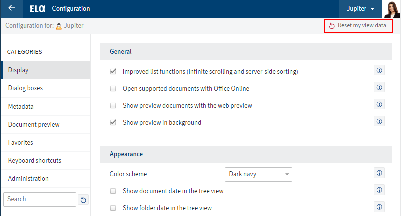 User menu [your name] | ELO Web Client